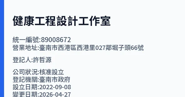 健康工程設計工作室的照片-統編 89008672(臺南市) 公司登記資料與營業項目詳細圖表