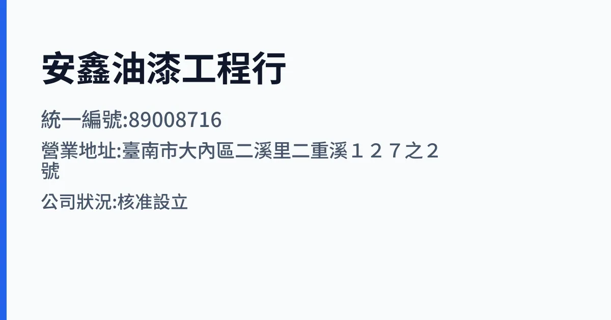 安鑫油漆工程行 - 統編 89008716(臺南市) 公司登記資料與營業項目詳細圖表
