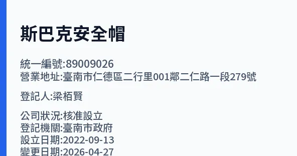 斯巴克安全帽的照片-統編 89009026(臺南市) 公司登記資料與營業項目詳細圖表