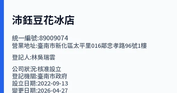 沛鈺豆花冰店的照片-統編 89009074(臺南市) 公司登記資料與營業項目詳細圖表