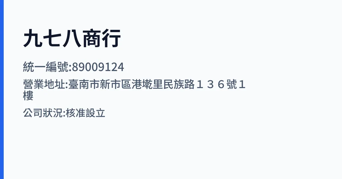 九七八商行 - 統編 89009124（臺南市） 公司登記資料與營業項目詳細圖表