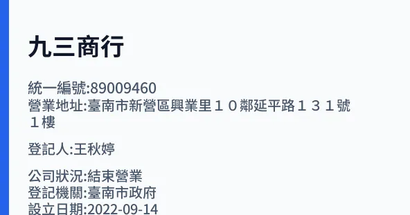 九三商行的照片-統編 89009460(臺南市) 公司登記資料與營業項目詳細圖表