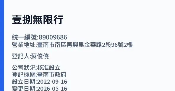 壹捌無限行的照片-統編 89009686(臺南市) 公司登記資料與營業項目詳細圖表