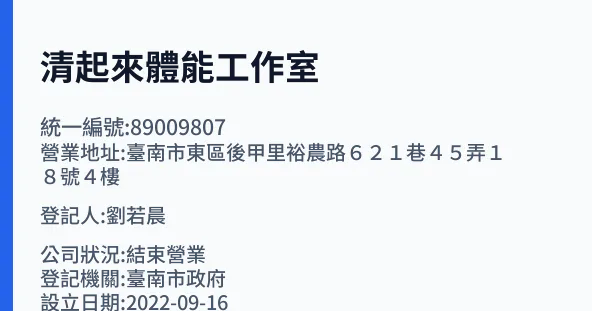 清起來體能工作室的照片-統編 89009807(臺南市) 公司登記資料與營業項目詳細圖表