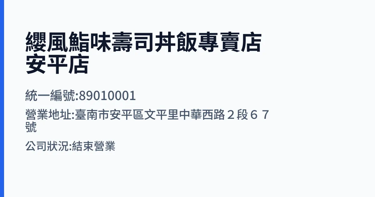 纓風鮨味壽司丼飯專賣店安平店 - 統編 89010001(臺南市) 公司登記資料與營業項目詳細圖表