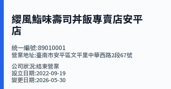 纓風鮨味壽司丼飯專賣店安平店的照片-統編 89010001(臺南市) 公司登記資料與營業項目詳細圖表