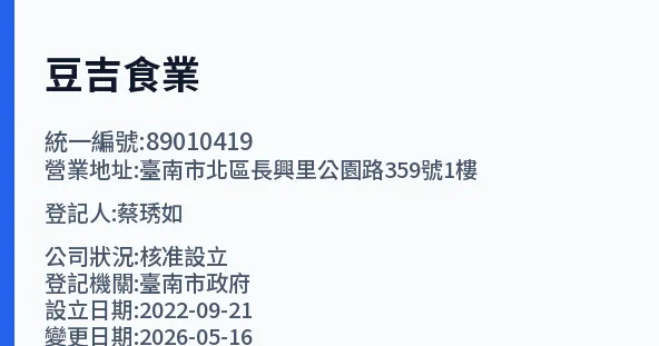 豆吉食業的照片-統編 89010419(臺南市) 公司登記資料與營業項目詳細圖表