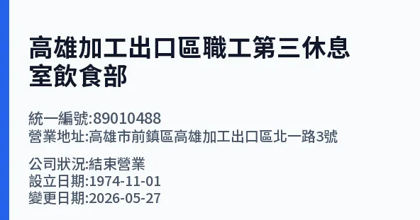 高雄加工出口區職工第三休息室飲食部的照片-統編 89010488(高雄市) 公司登記資料與營業項目詳細圖表