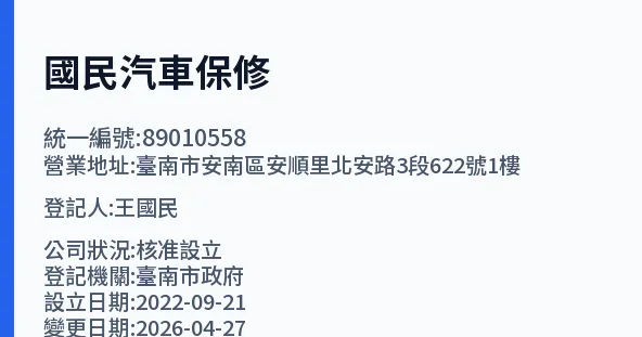 國民汽車保修的照片-統編 89010558(臺南市) 公司登記資料與營業項目詳細圖表