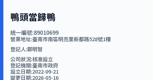 鴨頭當歸鴨的照片-統編 89010699(臺南市) 公司登記資料與營業項目詳細圖表