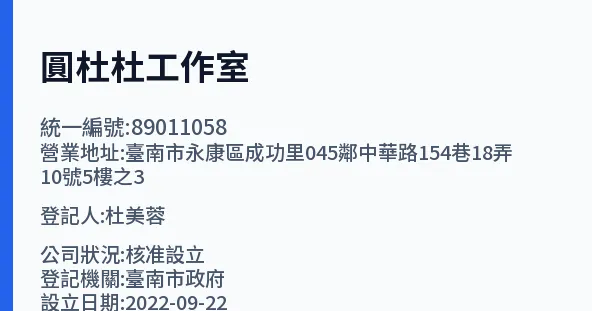 圓杜杜工作室的照片-統編 89011058(臺南市) 公司登記資料與營業項目詳細圖表