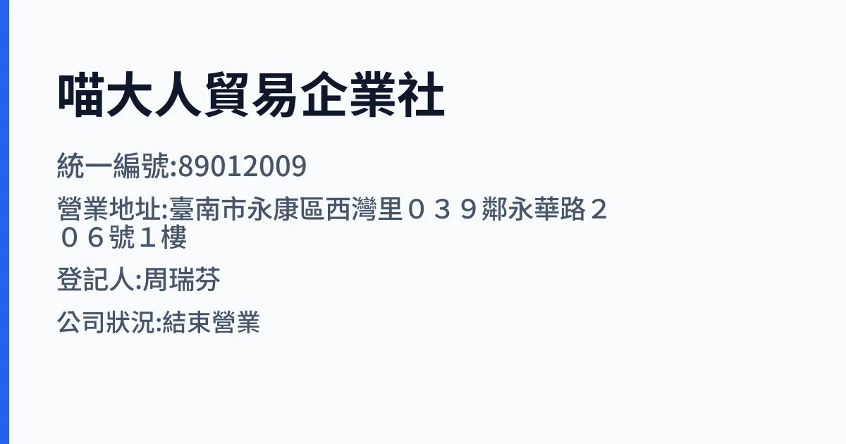 喵大人貿易企業社 - 統編 89012009（臺南市） 公司登記資料與營業項目詳細圖表
