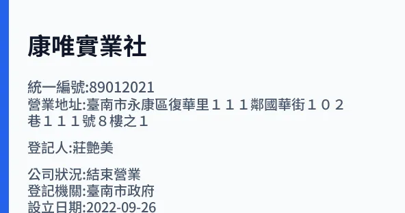 康唯實業社的照片-統編 89012021(臺南市) 公司登記資料與營業項目詳細圖表