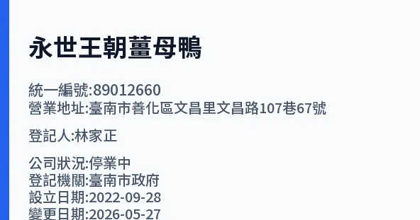 永世王朝薑母鴨的照片-統編 89012660(臺南市) 公司登記資料與營業項目詳細圖表
