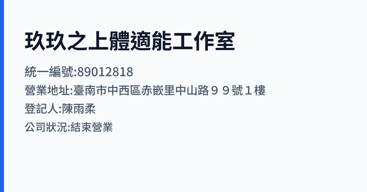 玖玖之上體適能工作室 - 統編 89012818(臺南市) 公司登記資料與營業項目詳細圖表