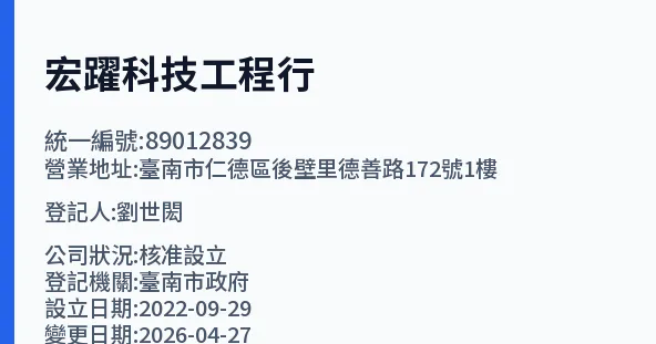 宏躍科技工程行的照片-統編 89012839(臺南市) 公司登記資料與營業項目詳細圖表