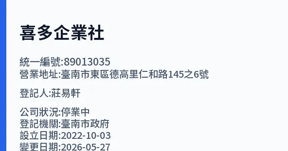 喜多企業社的照片-統編 89013035(臺南市) 公司登記資料與營業項目詳細圖表
