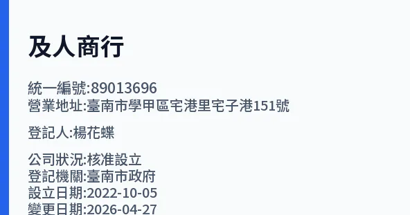 及人商行的照片-統編 89013696(臺南市) 公司登記資料與營業項目詳細圖表