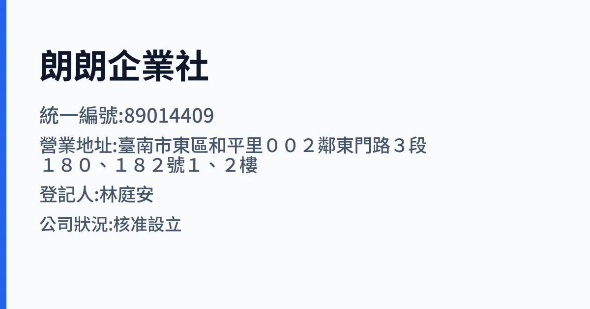 朗朗企業社 - 統編 89014409(臺南市) 公司登記資料與營業項目詳細圖表
