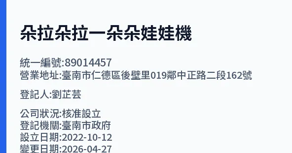 朵拉朵拉一朵朵娃娃機的照片-統編 89014457(臺南市) 公司登記資料與營業項目詳細圖表