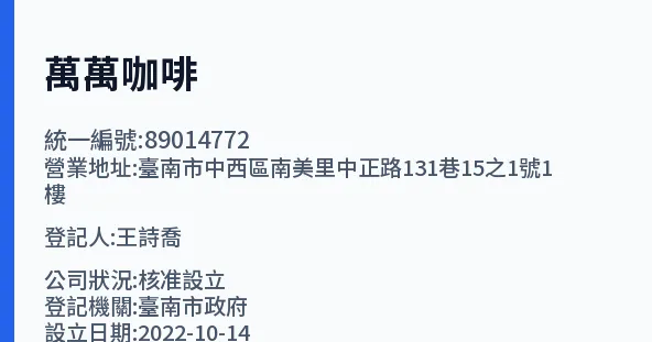 萬萬咖啡的照片-統編 89014772(臺南市) 公司登記資料與營業項目詳細圖表