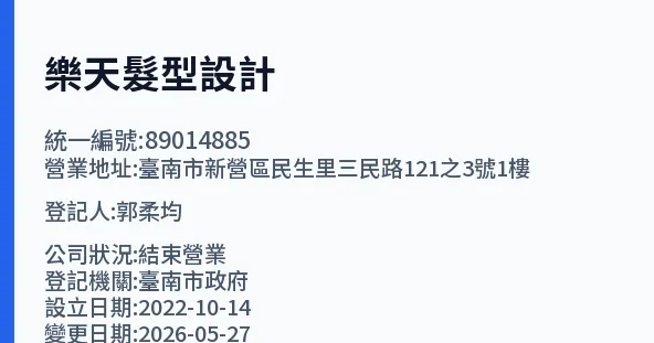 樂天髮型設計的照片-統編 89014885(臺南市) 公司登記資料與營業項目詳細圖表