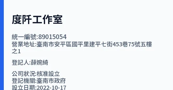 度阡工作室的照片-統編 89015054(臺南市) 公司登記資料與營業項目詳細圖表