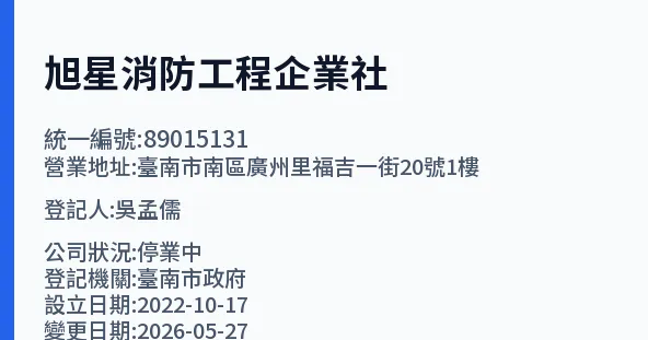 旭星消防工程企業社的照片-統編 89015131(臺南市) 公司登記資料與營業項目詳細圖表