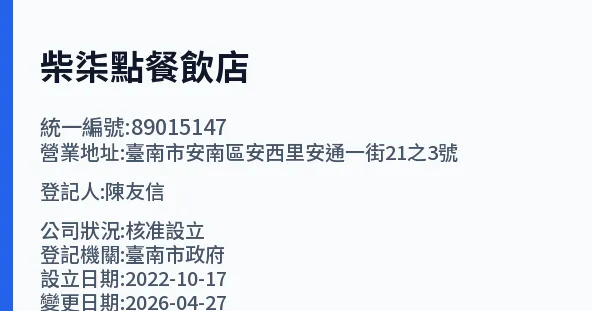 柴柒點餐飲店的照片-統編 89015147(臺南市) 公司登記資料與營業項目詳細圖表