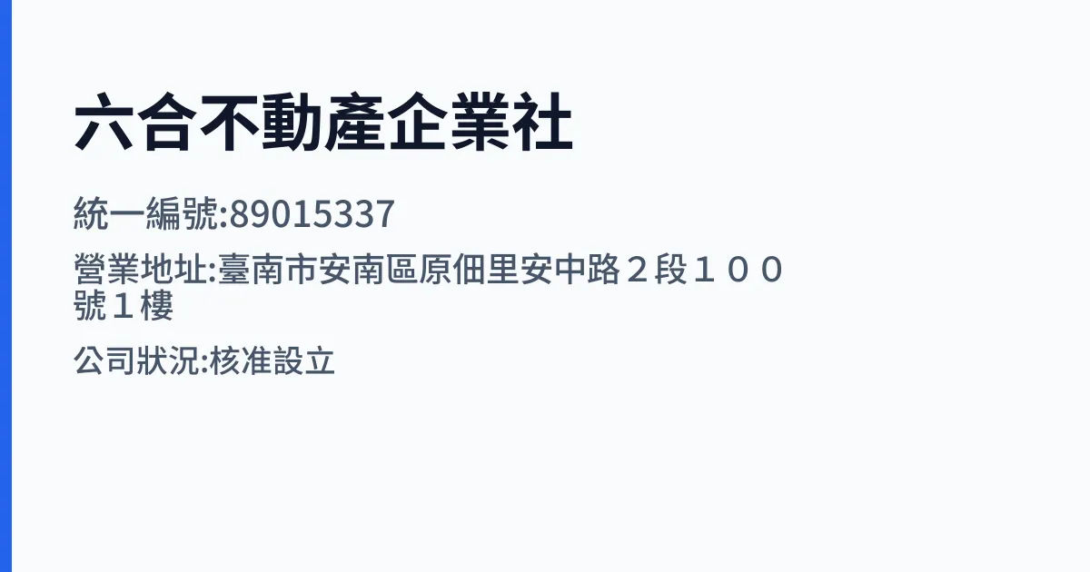 六合不動產企業社 - 統編 89015337(臺南市) 公司登記資料與營業項目詳細圖表