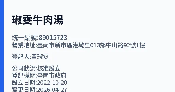 琡雯牛肉湯的照片-統編 89015723(臺南市) 公司登記資料與營業項目詳細圖表