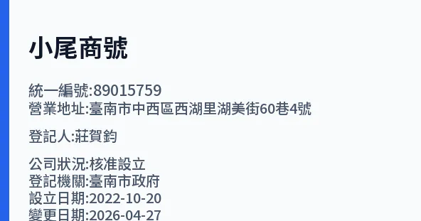 小尾商號的照片-統編 89015759(臺南市) 公司登記資料與營業項目詳細圖表