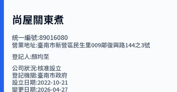 尚屋關東煮的照片-統編 89016080(臺南市) 公司登記資料與營業項目詳細圖表