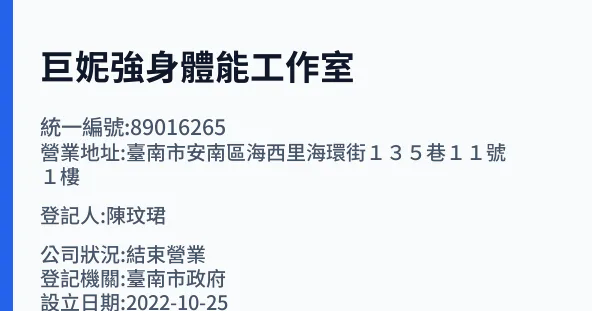 巨妮強身體能工作室的照片-統編 89016265(臺南市) 公司登記資料與營業項目詳細圖表
