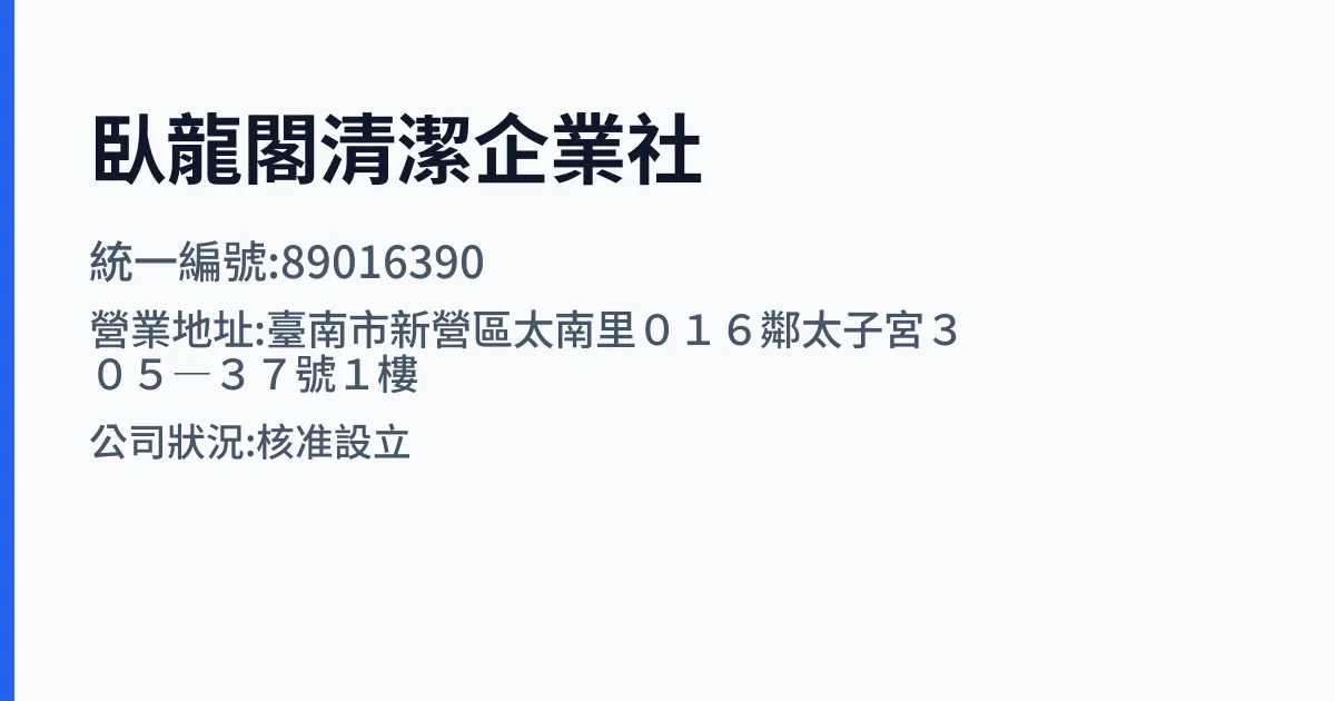 臥龍閣清潔企業社 - 統編 89016390(臺南市) 公司登記資料與營業項目詳細圖表