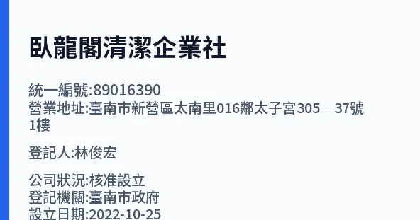 臥龍閣清潔企業社的照片-統編 89016390(臺南市) 公司登記資料與營業項目詳細圖表