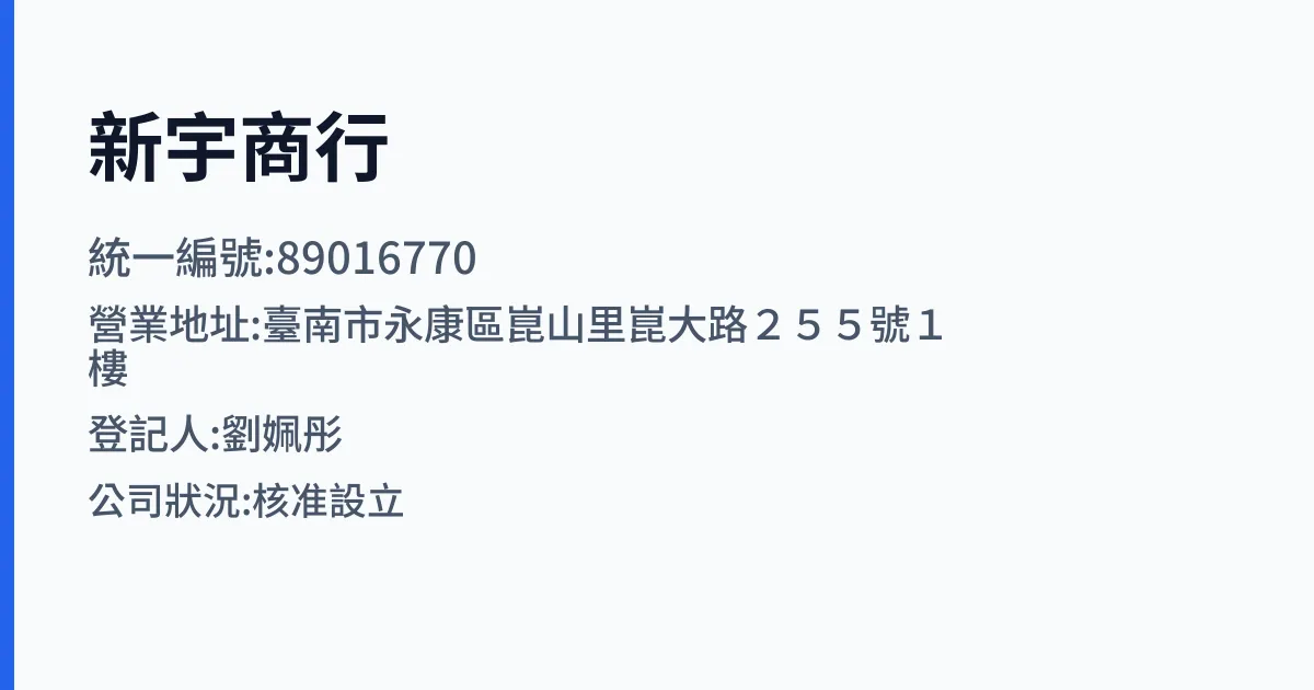 新宇商行 - 統編 89016770(臺南市) 公司登記資料與營業項目詳細圖表