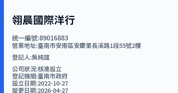 翎晨國際洋行的照片-統編 89016883(臺南市) 公司登記資料與營業項目詳細圖表