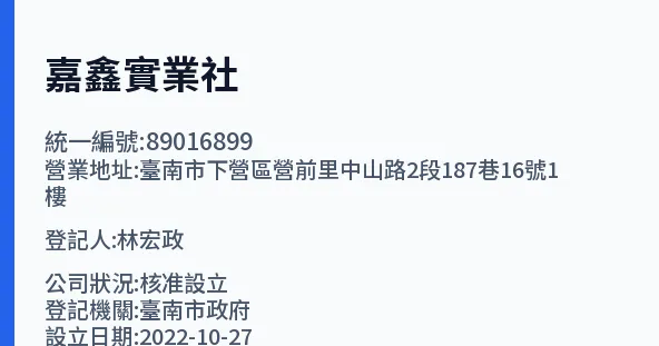 嘉鑫實業社的照片-統編 89016899(臺南市) 公司登記資料與營業項目詳細圖表