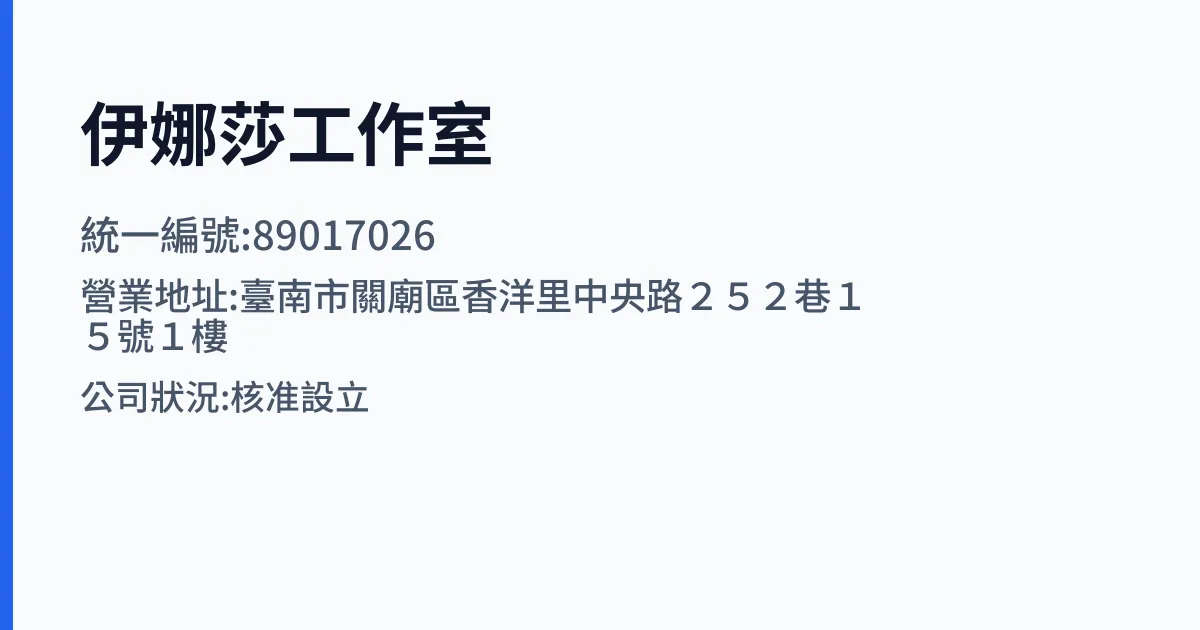 伊娜莎工作室 - 統編 89017026（臺南市） 公司登記資料與營業項目詳細圖表
