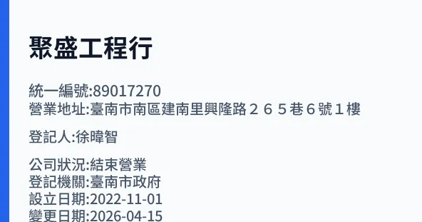 聚盛工程行的照片-統編 89017270(臺南市) 公司登記資料與營業項目詳細圖表