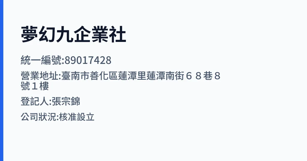 夢幻九企業社 - 統編 89017428（臺南市） 公司登記資料與營業項目詳細圖表