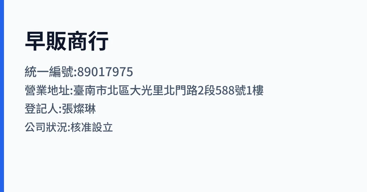 早販商行 - 統編 89017975(臺南市) 公司登記資料與營業項目詳細圖表