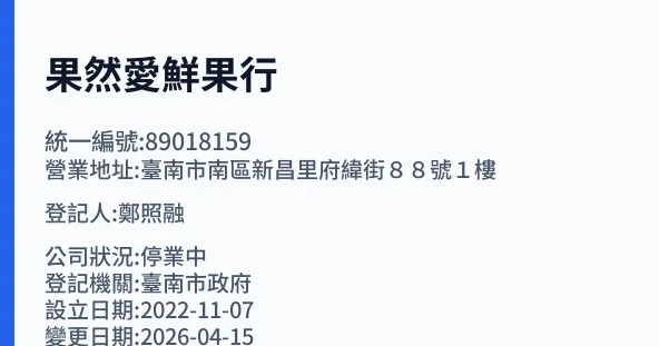 果然愛鮮果行的照片-統編 89018159(臺南市) 公司登記資料與營業項目詳細圖表