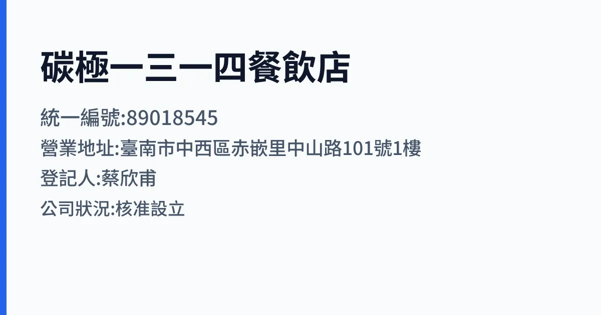 碳極一三一四餐飲店 - 統編 89018545 (臺南市) 公司登記資料與營業項目詳細圖表
