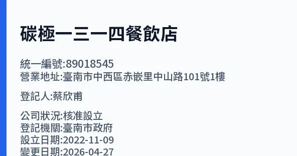 碳極一三一四餐飲店的照片-統編 89018545(臺南市) 公司登記資料與營業項目詳細圖表