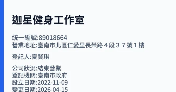 迦星健身工作室的照片-統編 89018664(臺南市) 公司登記資料與營業項目詳細圖表