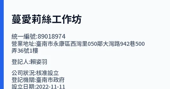 蔓愛莉絲工作坊的照片-統編 89018974(臺南市) 公司登記資料與營業項目詳細圖表