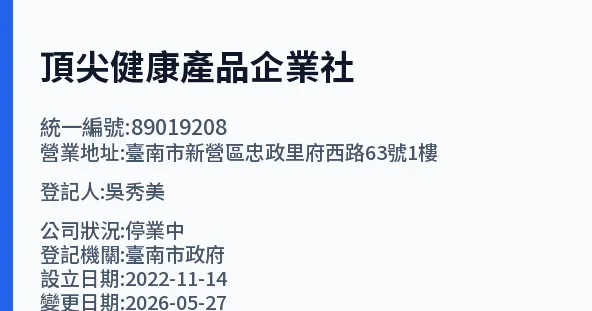頂尖健康產品企業社的照片-統編 89019208(臺南市) 公司登記資料與營業項目詳細圖表