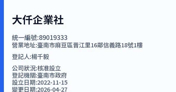 大仟企業社的照片-統編 89019333(臺南市) 公司登記資料與營業項目詳細圖表